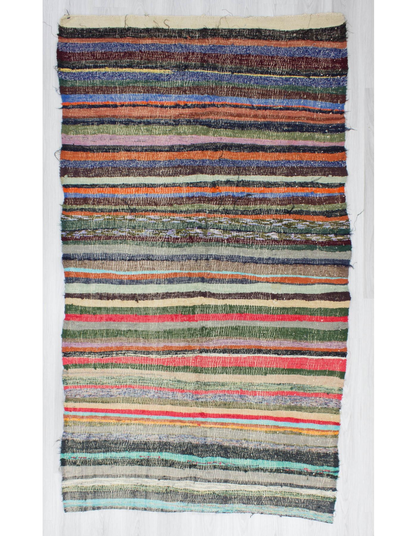 Handwoven vintage decorative striped Turkish rag rug
