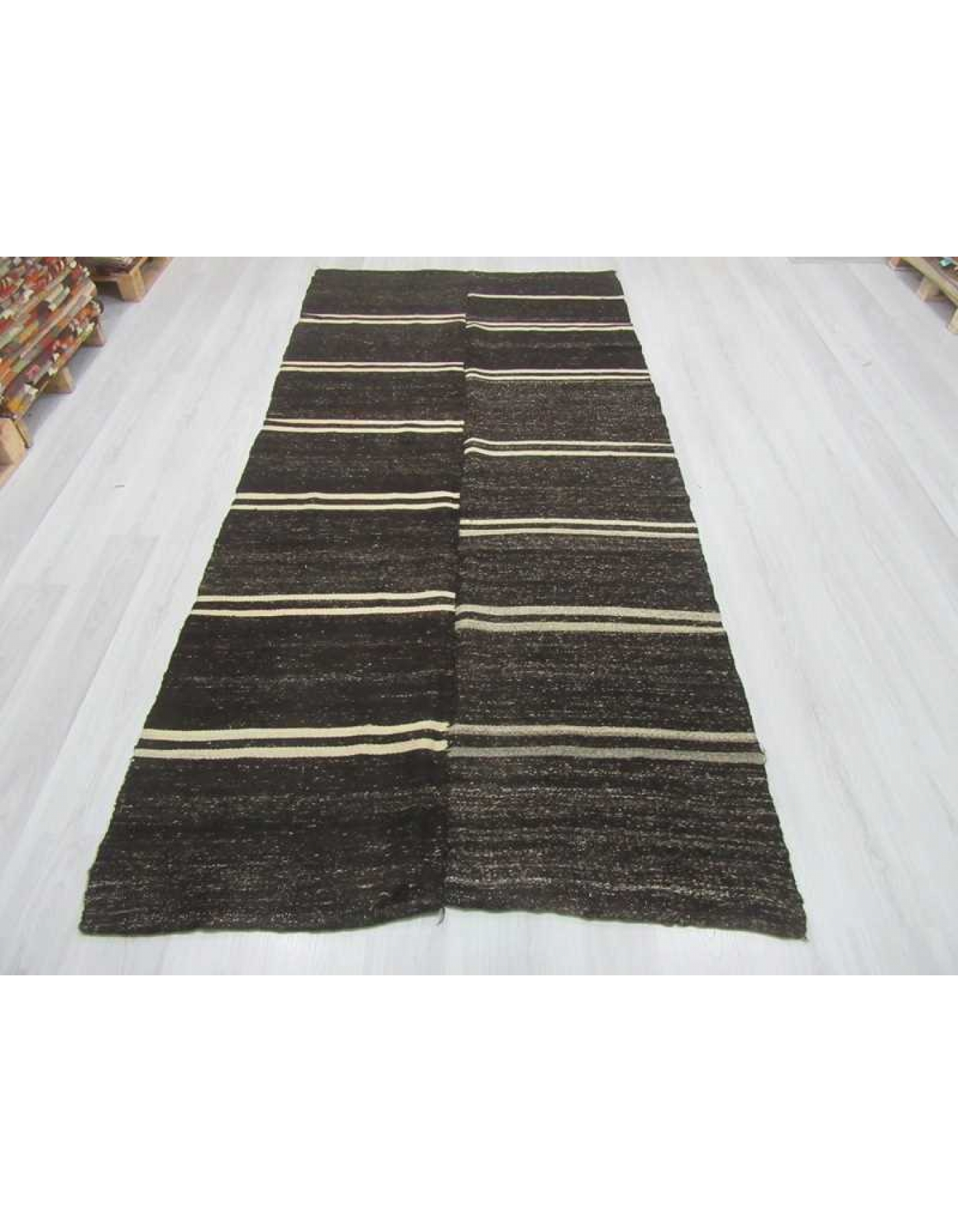White striped vintage black kilim rug White striped vintage black kilim rug